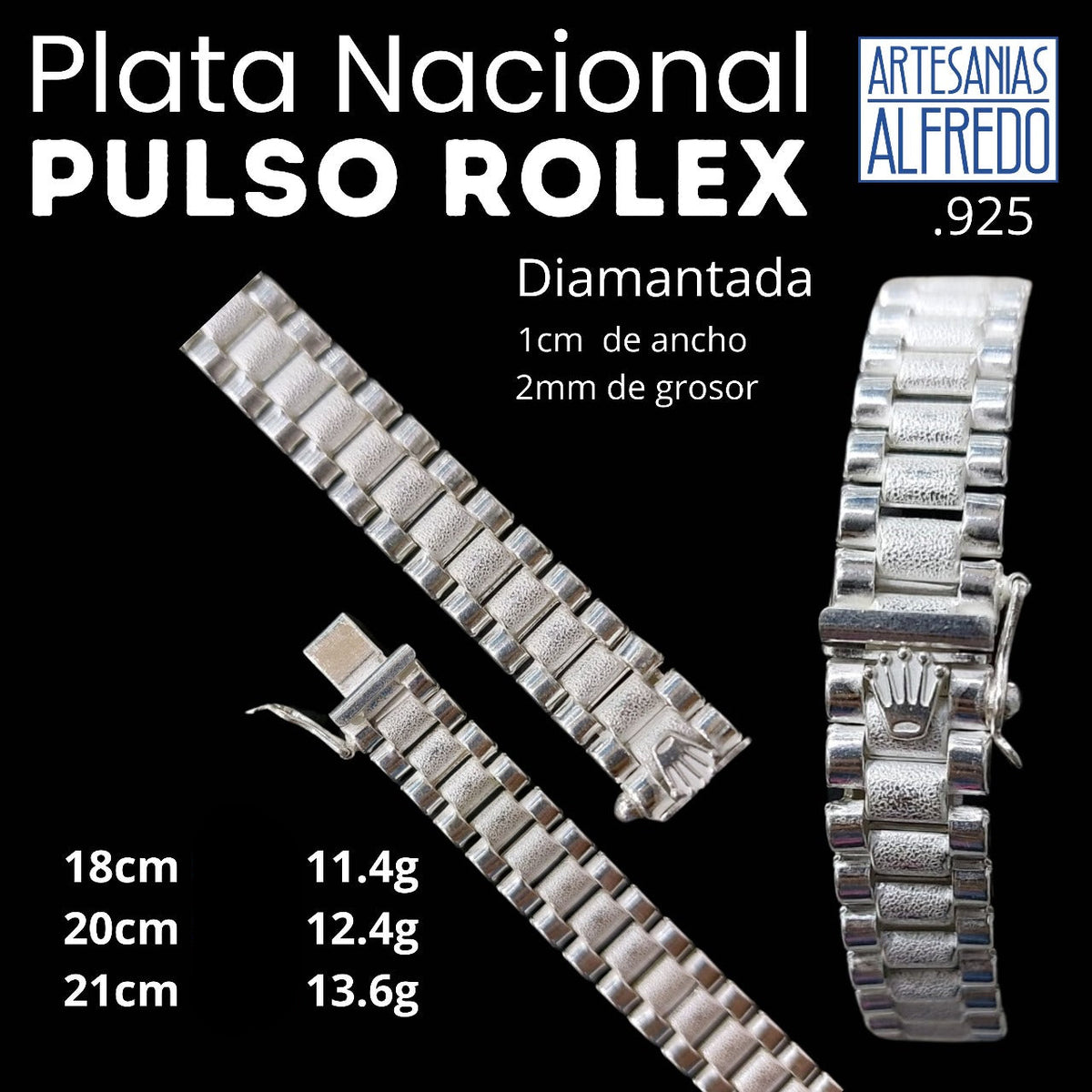 Pulsera ROLEX gruesa plata .925 Diamantado – ArtesaniasAlfredo
